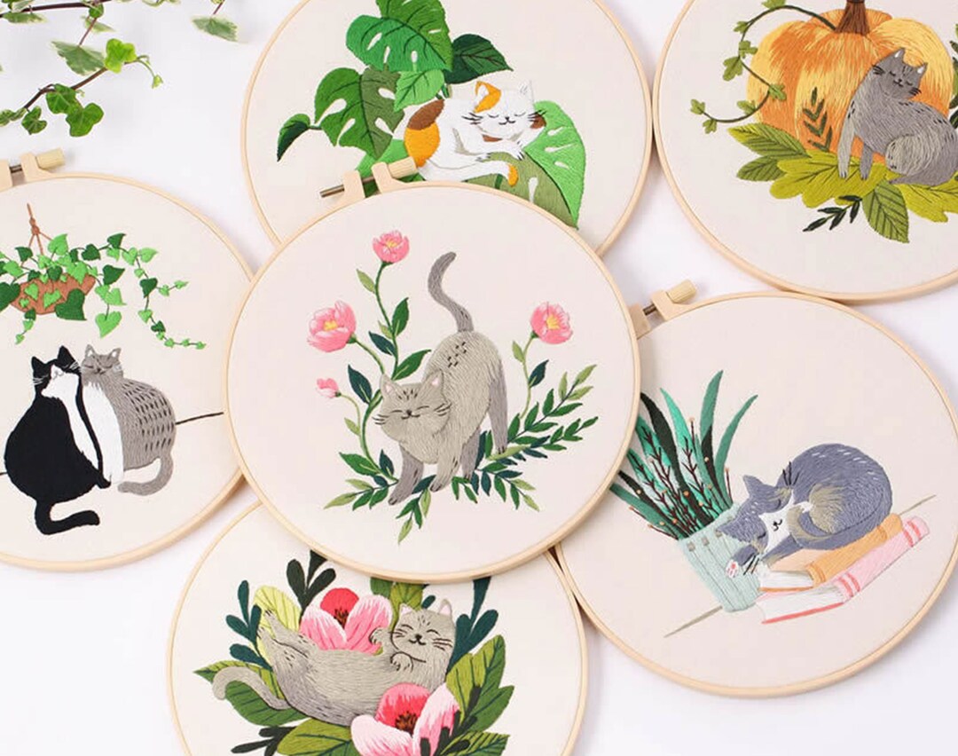 Cute Cat and Flowers Embroidery Kit for Beginners/starter,floral Hand ...