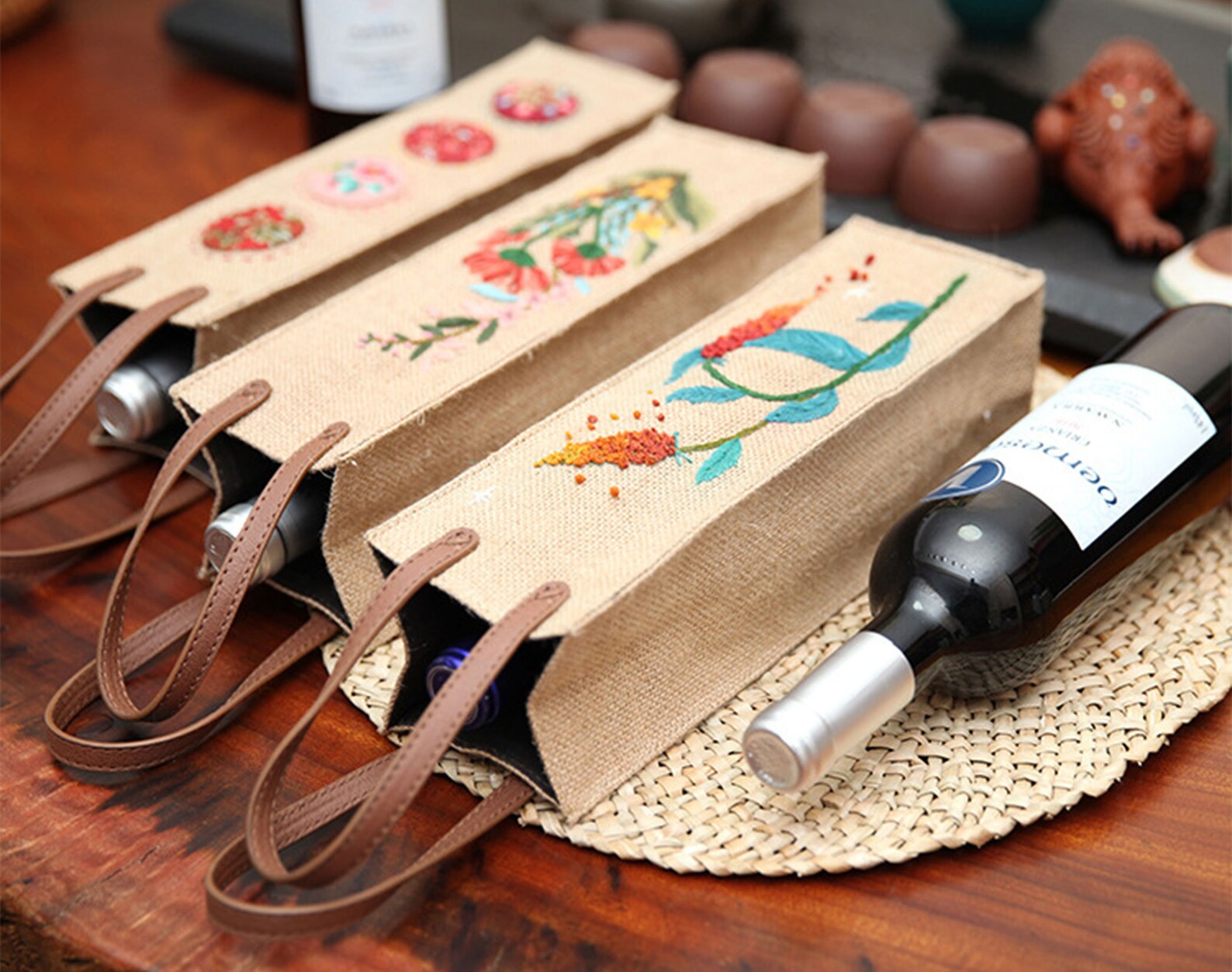 Hand Embroidered Wine Tote Wine Gift Wine Pouch Wine - Etsy