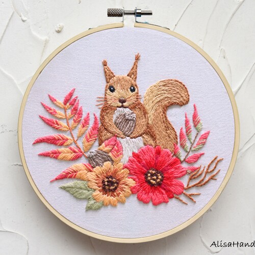 Beginner Hand Embroidery Squirrel Full Kit DIY 3D Flowers and - Etsy