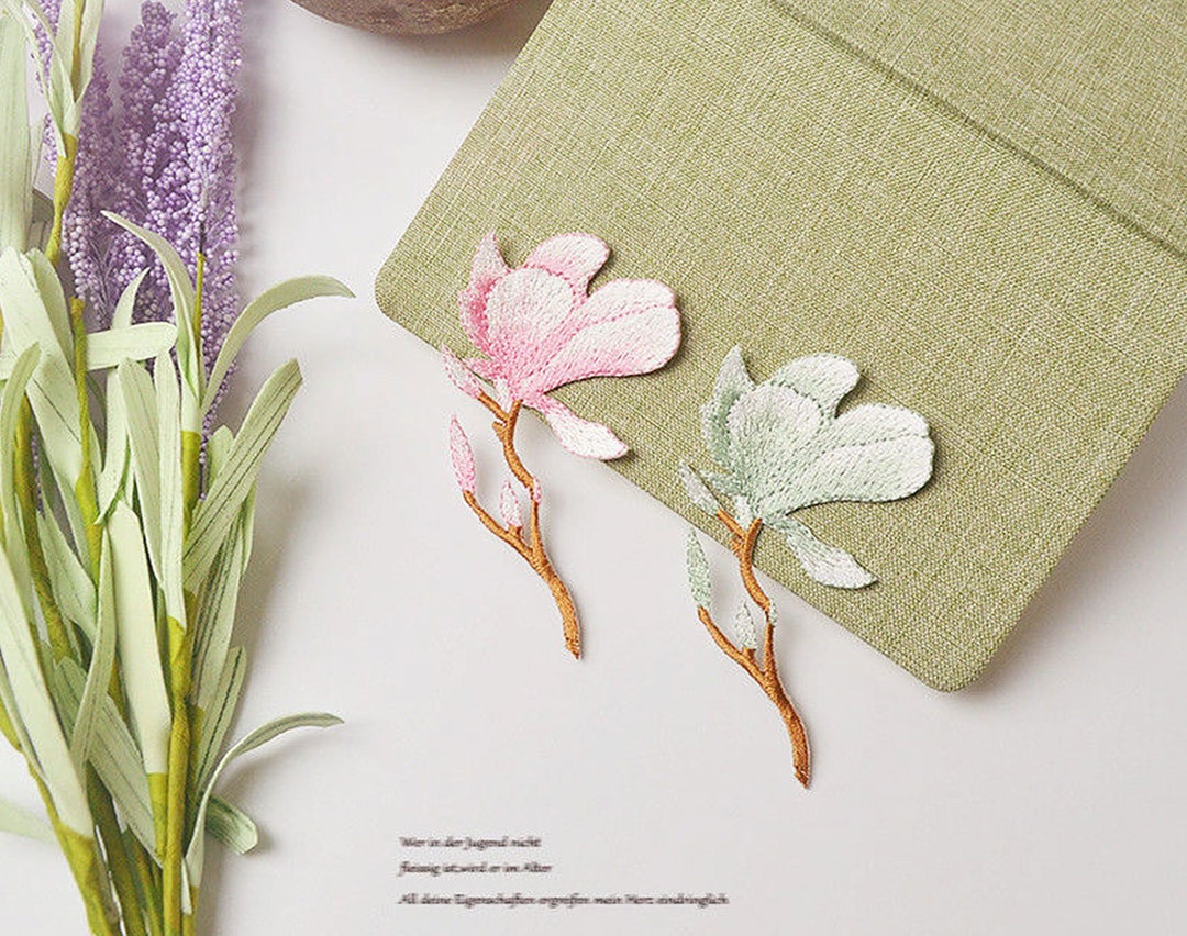 Magnolia Embroidered Patches,iron-on Patch,pink,green,orange Flowers ...