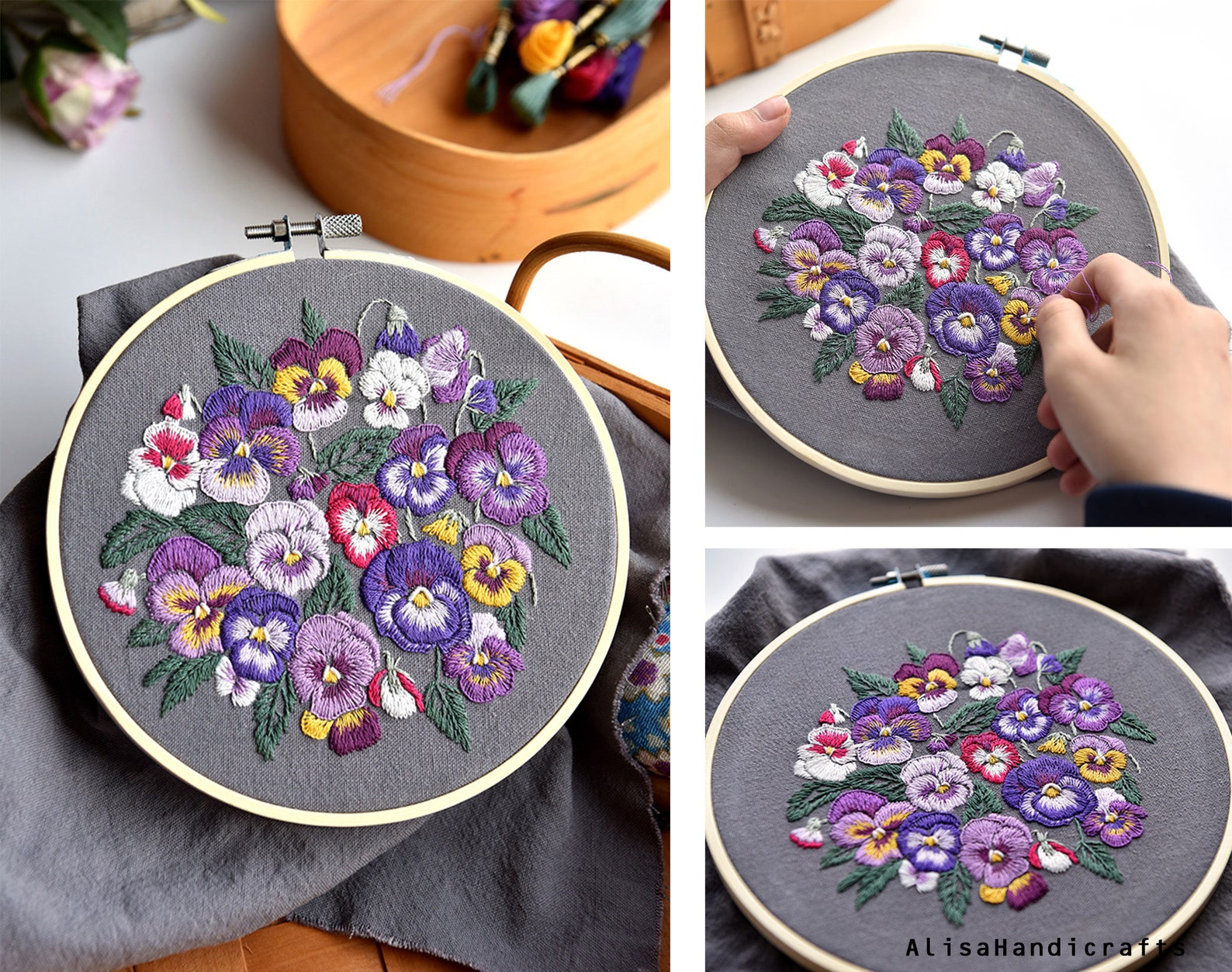 Embroidery Pansy Full Kit for Beginner, Ins Flower Hand Embroidery Hoop ...