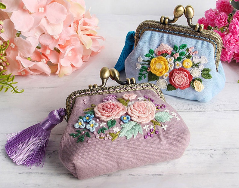 Embroidery Kiss Lock Bag Kit, Hand Embroidery Flower Kit, Sewing ...