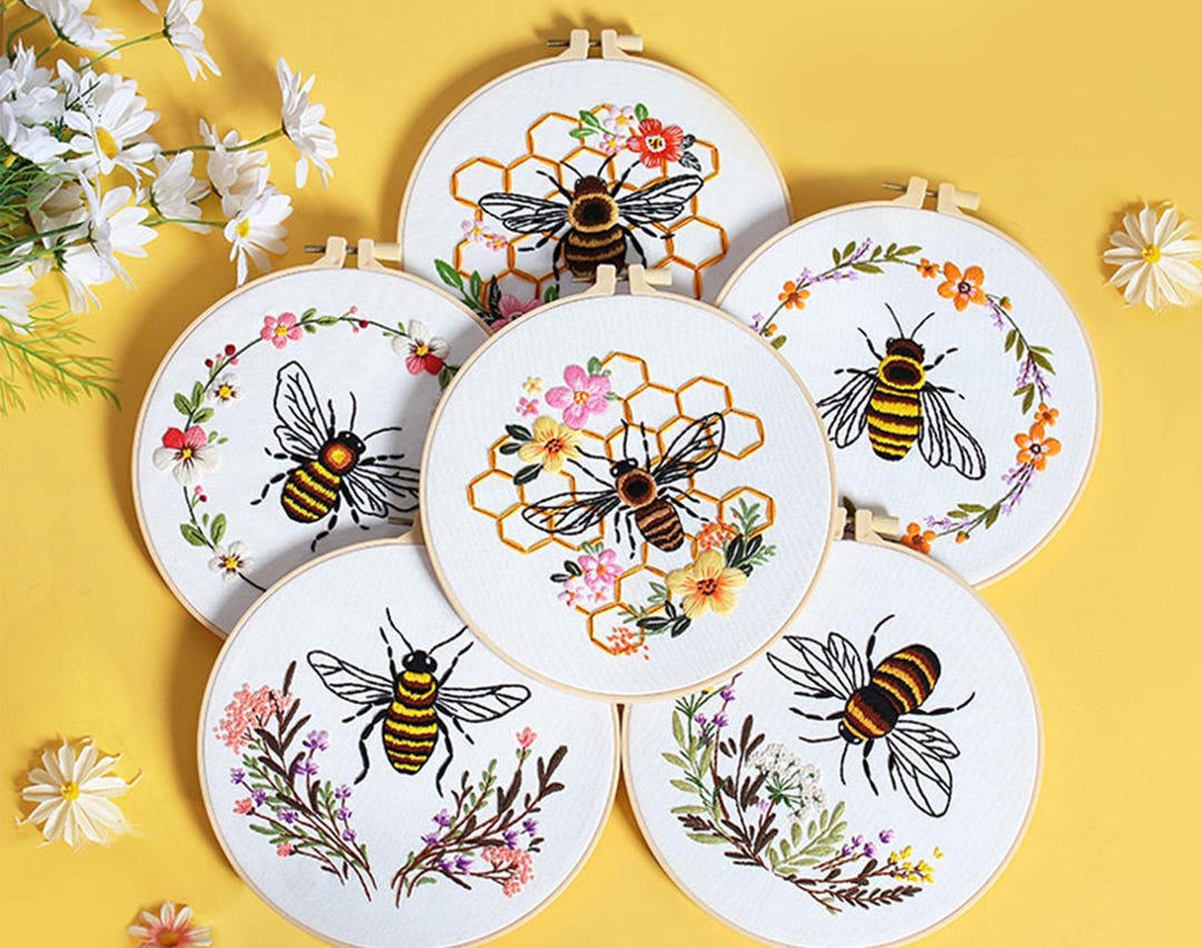 Bee and Flower Embroidery Kit,printed Beehive Bees and Wreath ...