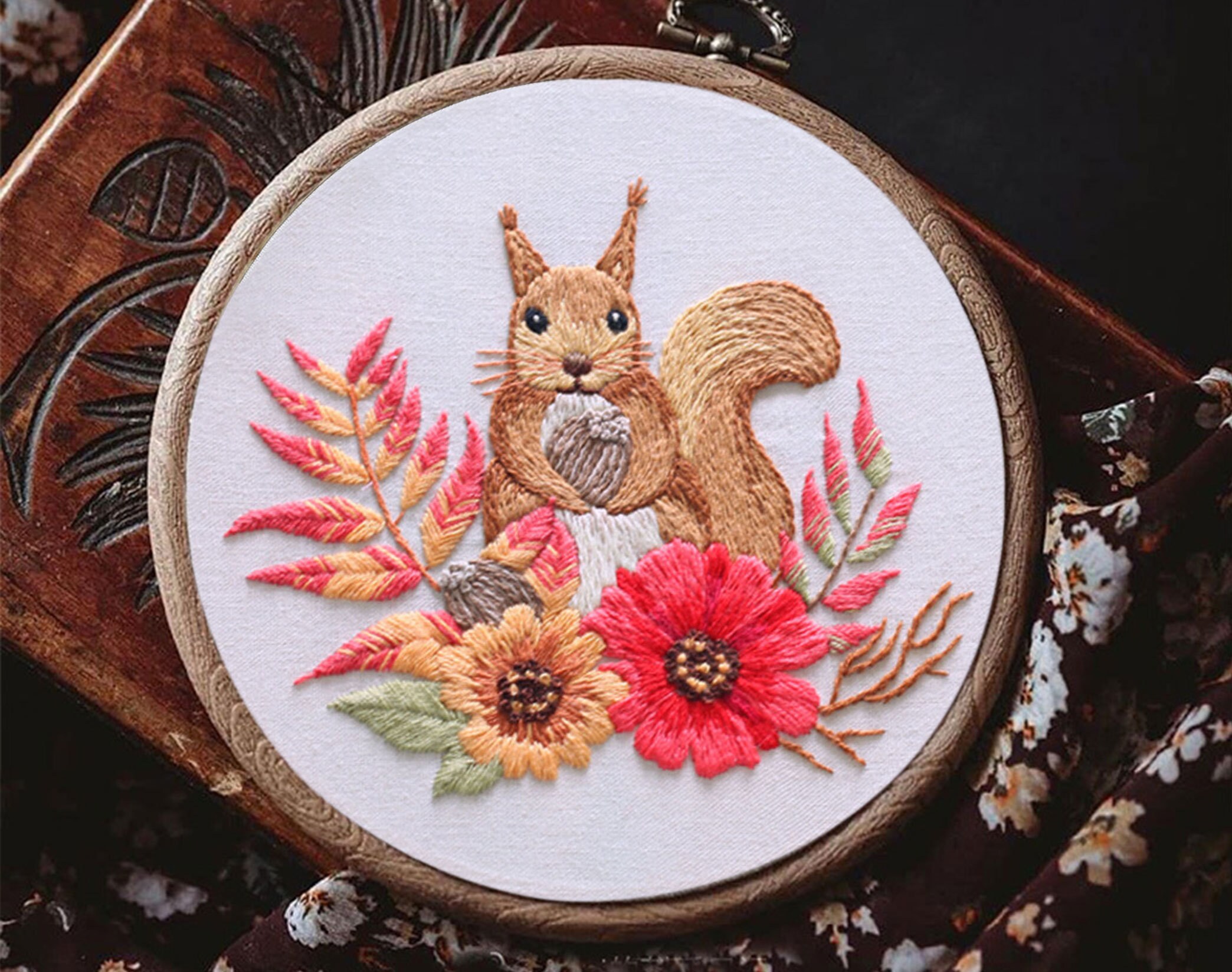 Beginner Hand Embroidery Squirrel Full Kit DIY 3D Flowers and - Etsy