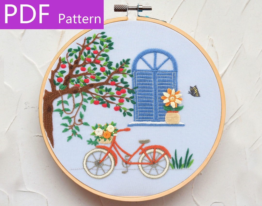 PDF Pattern, Embroidery Bicycle and Flowers Embroidery Pattern, House and Floral Pattern ...
