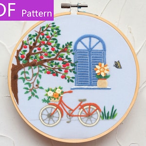 PDF Pattern, Embroidery Bicycle and Flowers Embroidery Pattern, House and Floral Pattern ...
