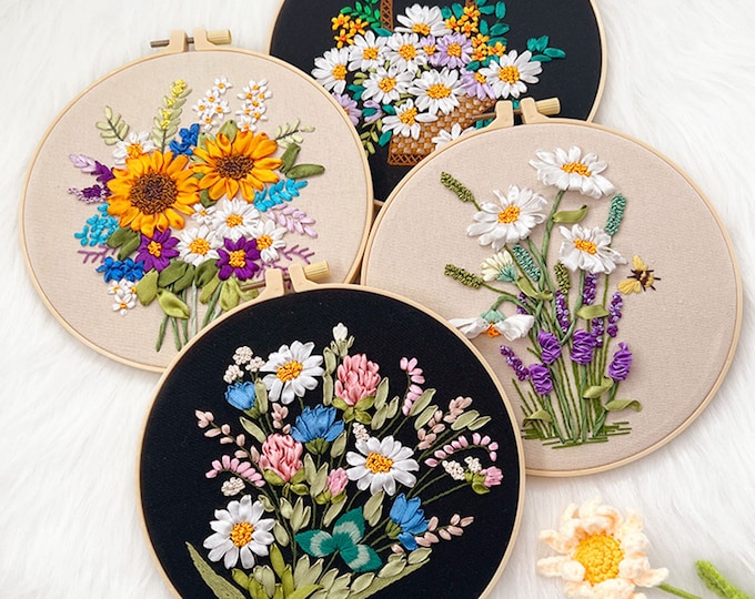 Sunflower Daisy Ribbon Embroidery Kit, Autumn Flowers Hand Embroidery Design for Beginners ...