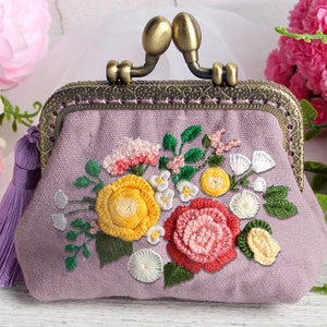 Embroidery Kiss Lock Bag Kit, Hand Embroidery Flower Kit, Sewing ...