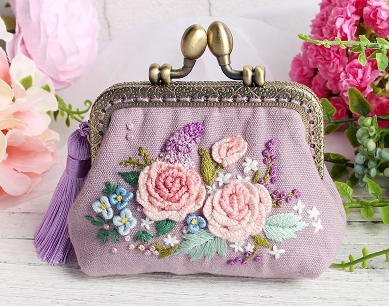 Embroidery Kiss Lock Bag Kit, Hand Embroidery Flower Kit, Sewing ...