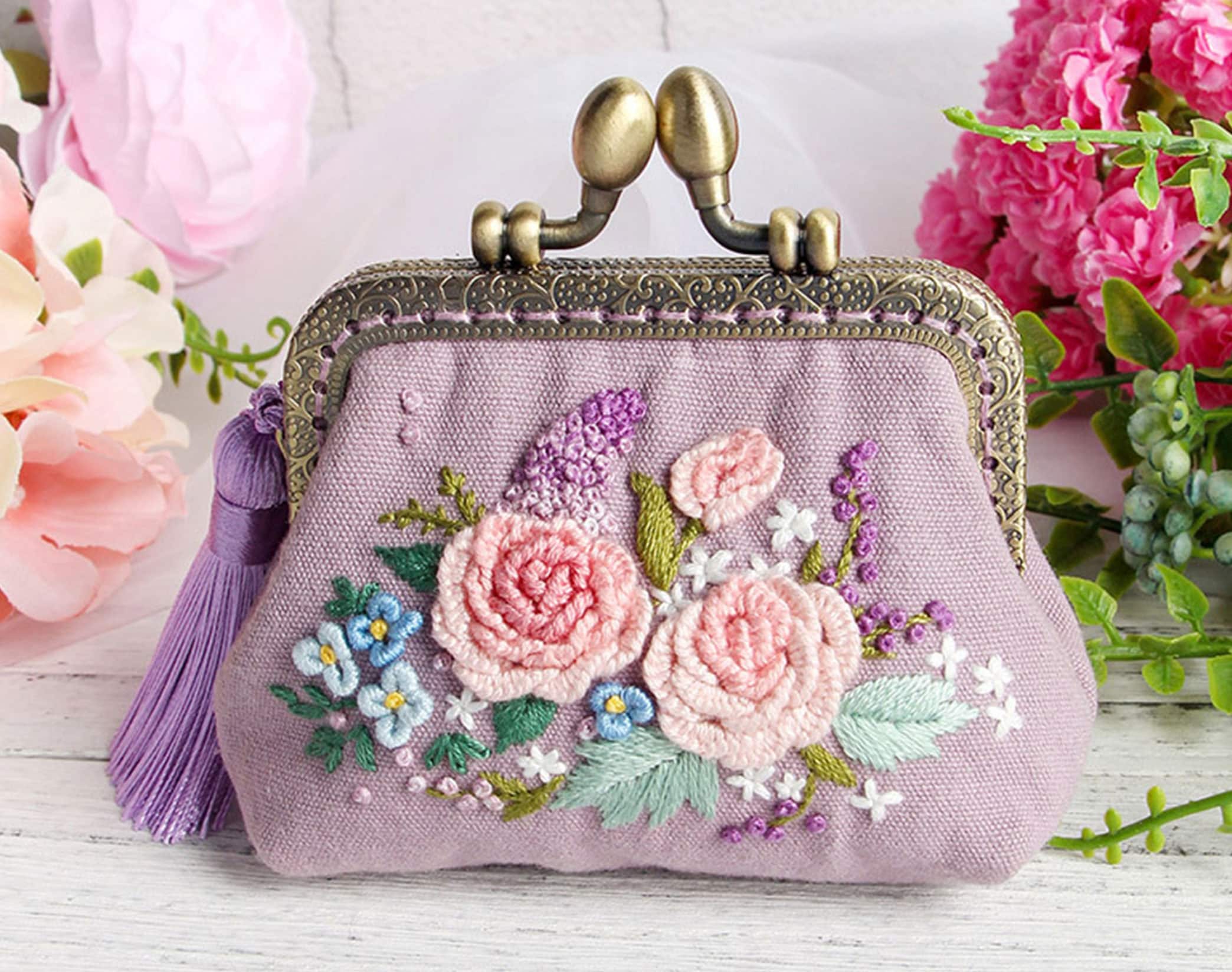 Embroidery Kiss Lock Bag Kit Hand Embroidery Flower Kit | Etsy Canada