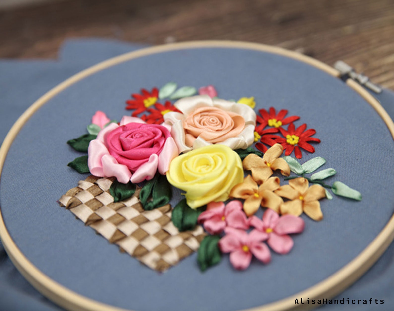 Ribbon Embroidery Full Kit, Silk Ribbon Embroidery Flower Basket, DIY ...