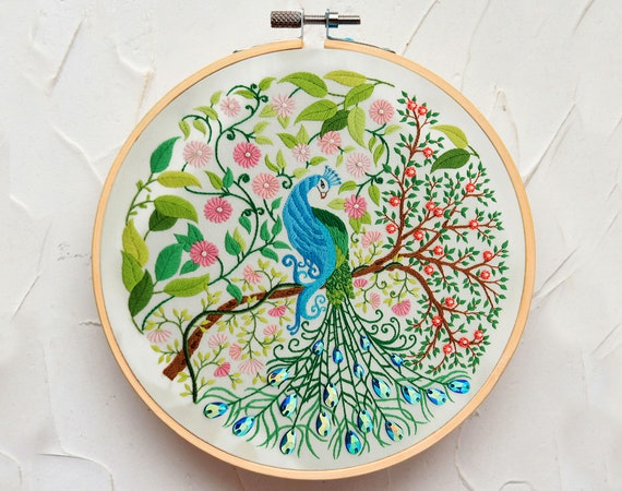 Beginner Embroidery Kit Spring Flowers and Peacocks | Etsy