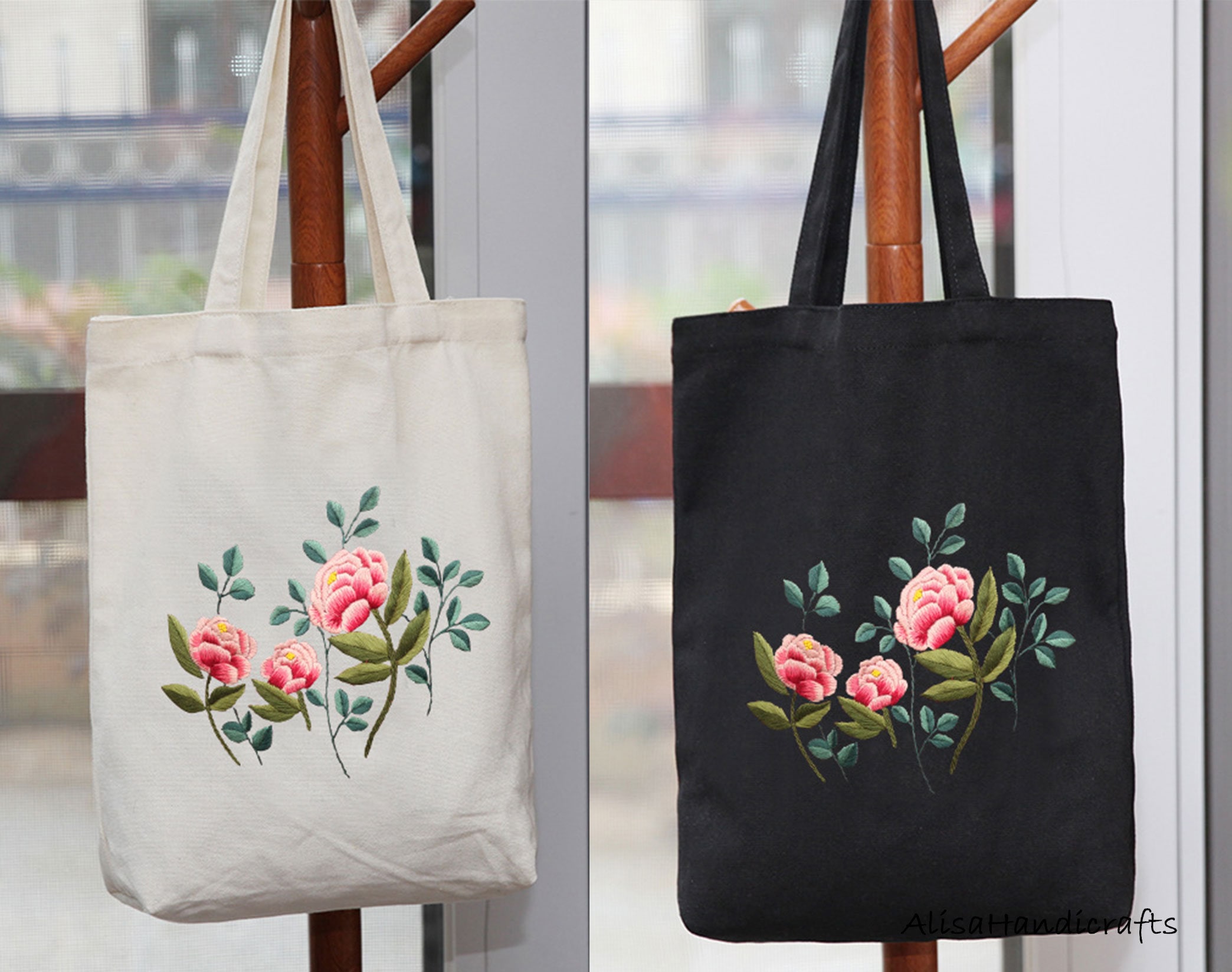 Hand Embroidery Rose Shoulder Bag, Canvas Tote Bag With Hand Embroidery Rose Shoulder Bag, Canvas Tote Bag With