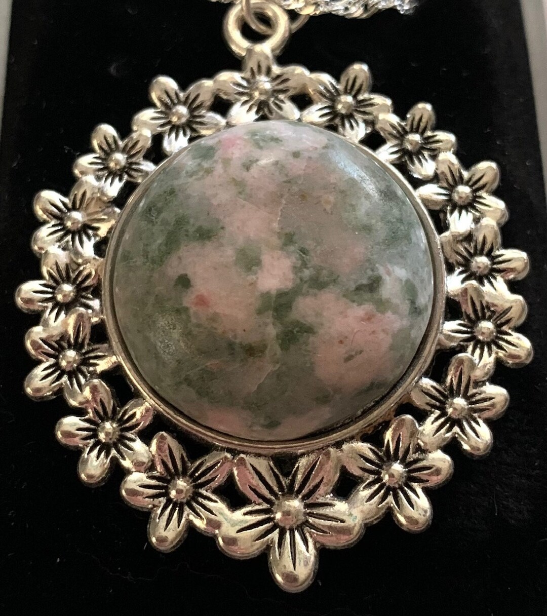 Lapis, Pink, Round 44x48mm, Floral Pendant in Silver Alloy Setting and ...