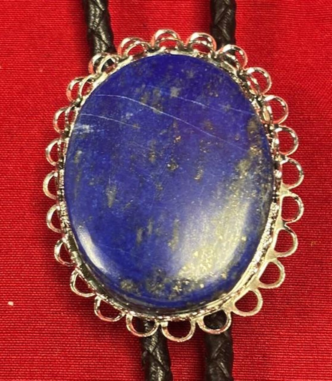 Lapis Lazuli, Oval Bolo, Silver Alloy Setting, Silver End Caps, and Tan ...