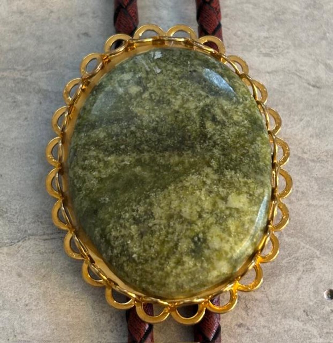 Serpentine, Oval Bolo, With Gold Alloy Setting and Cord Tips, With ...