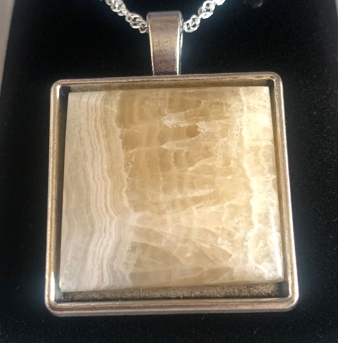 Alabaster Square Stone Pendant in Silver Alloy Setting and Necklace ...