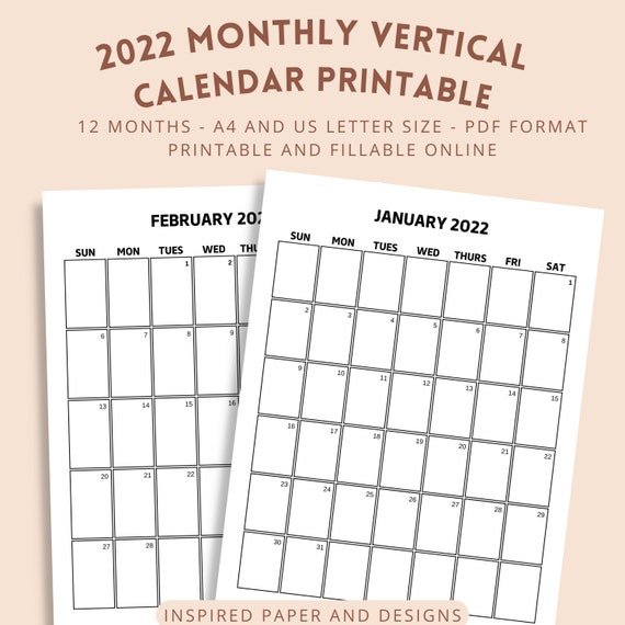 2022 Monthly Printable Calendar Minimalist Portrait Calendar - Etsy