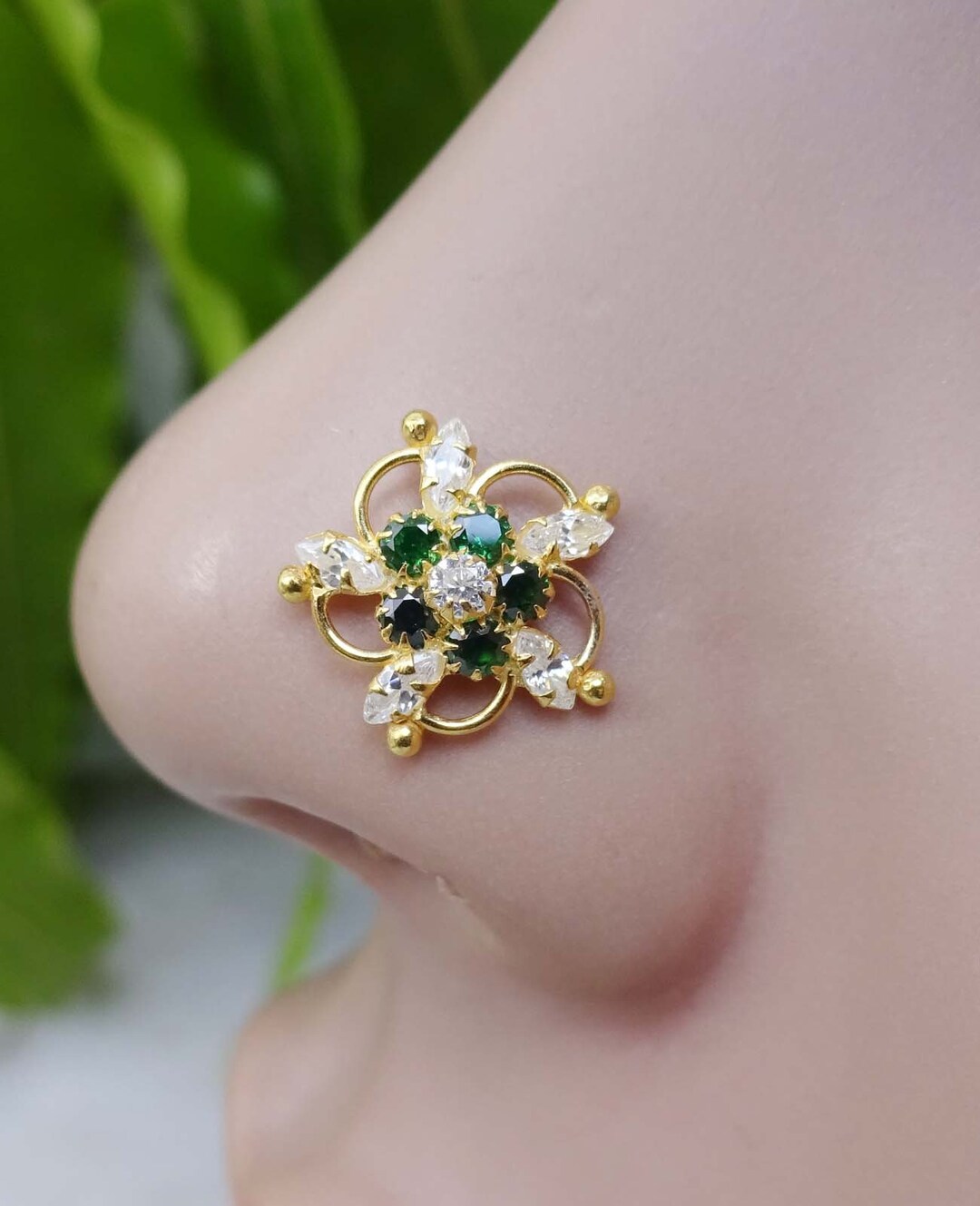 Gold Flower Nose Stud: Emerald & Crystal Indian Nose Ring - Etsy
