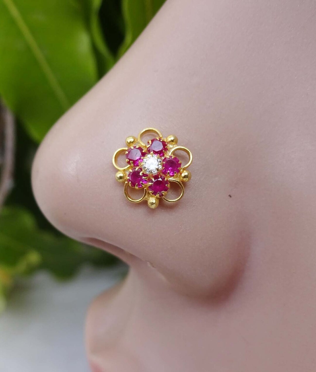 Ruby Flower Nose Stud: Gold Indian CZ Sterling Silver Nose Ring - Etsy