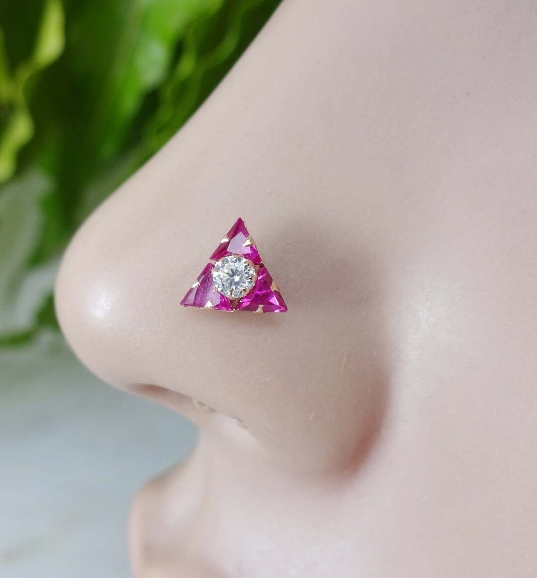 Rose Gold Nose Ring Indian Nose Stud Ruby Diamond Nose Stud Triangle ...