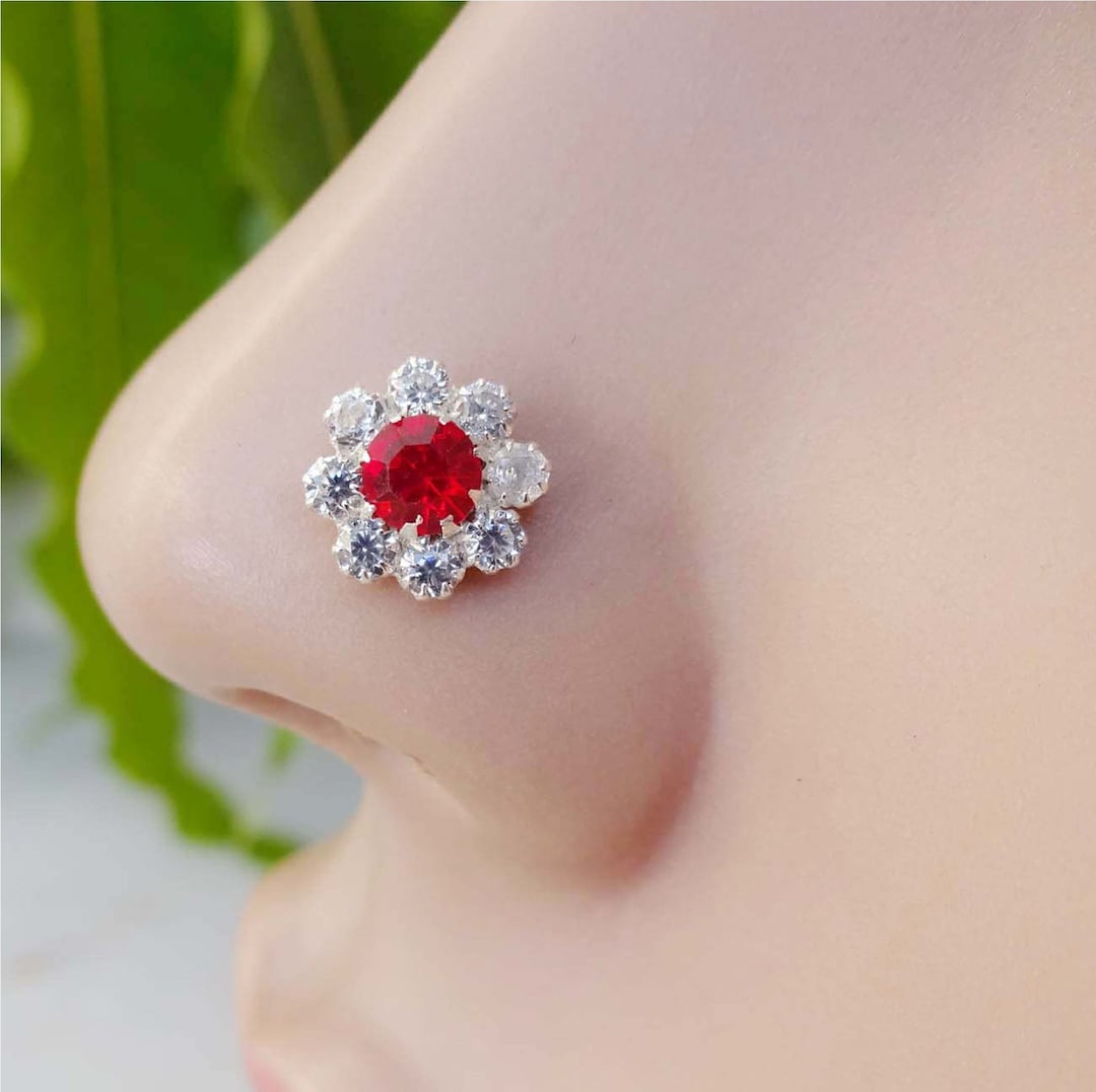 Sterling Silver Ruby Nose Stud: Indian Floral Nose Ring - Etsy