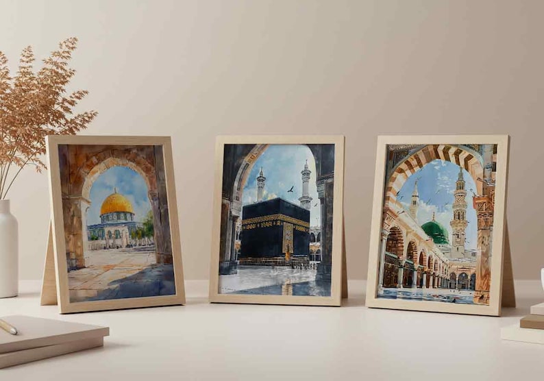 Set of 3 Islamic Wall Art Watercolour Digital Prints - Kaaba Meeca ...