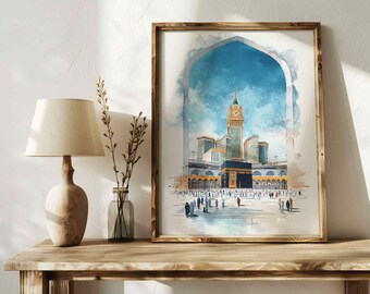 Watercolor Kaaba & Clock Tower Poster | Mecca Islamic Wall Art | Hajj ...
