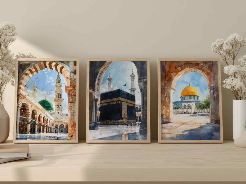 Set of 3 Islamic Wall Art Watercolour Digital Prints - Kaaba Meeca ...