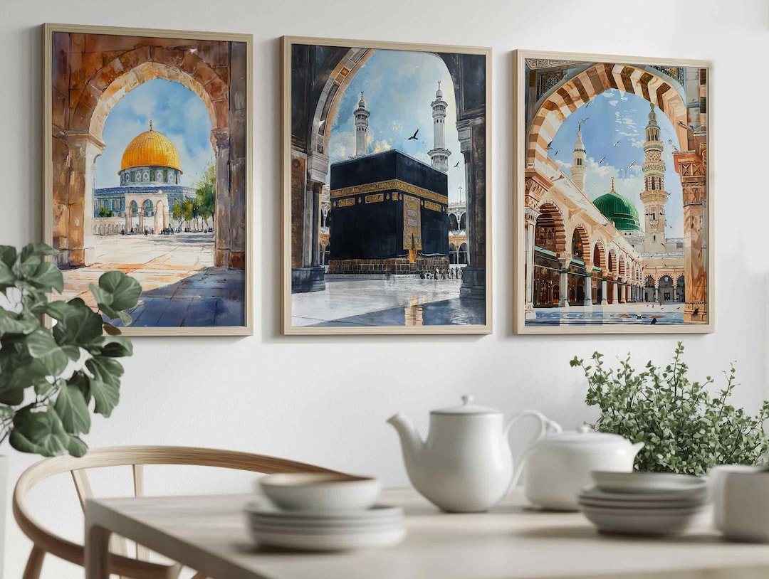 Set of 3 Islamic Wall Art Watercolour Digital Prints - Kaaba Meeca ...