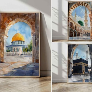 Set of 3 Islamic Wall Art Watercolour Digital Prints - Kaaba Meeca ...
