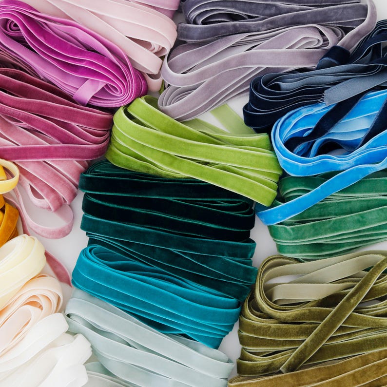 3/8 Finished Edge Velvet Ribbon Trim: 50 Hand Dyed Colors - 1, 3, or 5 ...