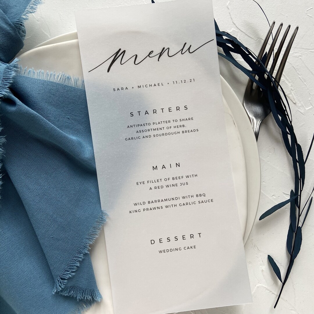 Wedding Menu Cards Printed on Vellum With Black or White Inks, Physical ...