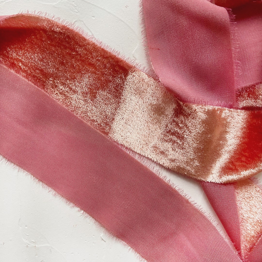 SALMON Hand Torn Silk Velvet Ribbonhand Dyed pink Red - Etsy