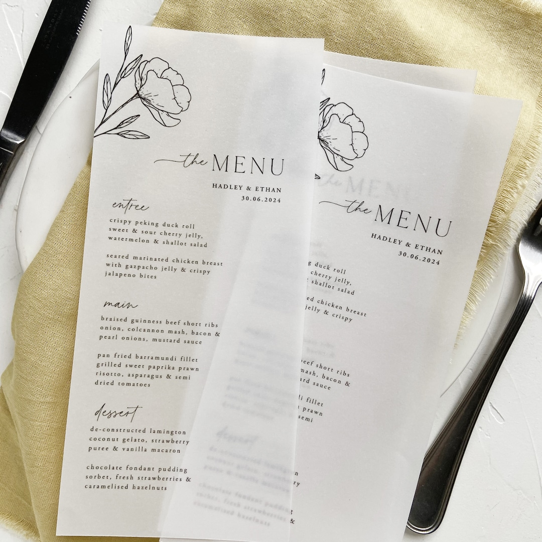 Wedding Dinner Menu Cards Printed on Vellum With Black or White Inks ...