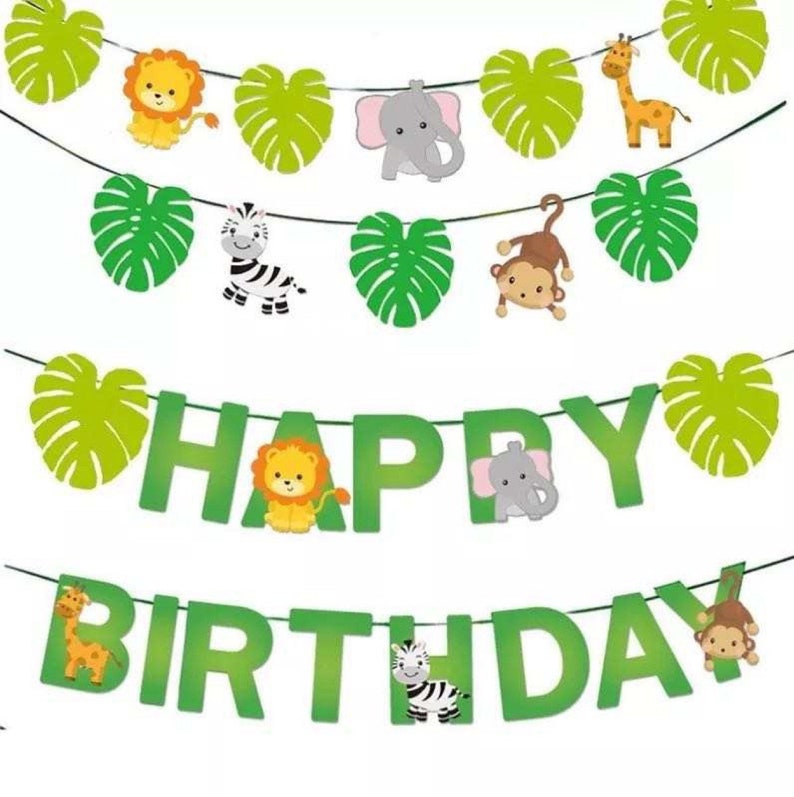 Jungle Happy Birthday Animals Banner Kids Baby Toddler Boys Party ...