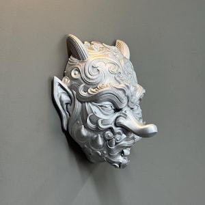 Japanese Tengu Mask – Hand Painted Red Demon Mask Wall Art – Silver ...