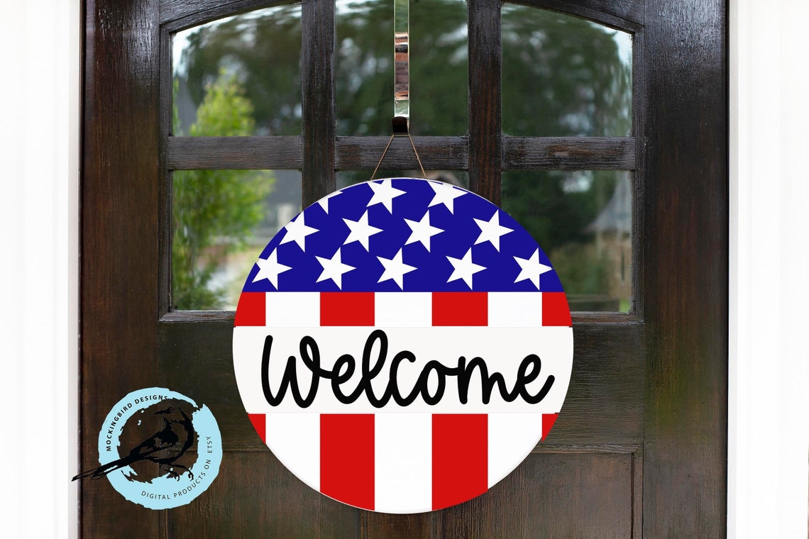 USA svg Patriotic Welcome round sign July 4th door decor | Etsy