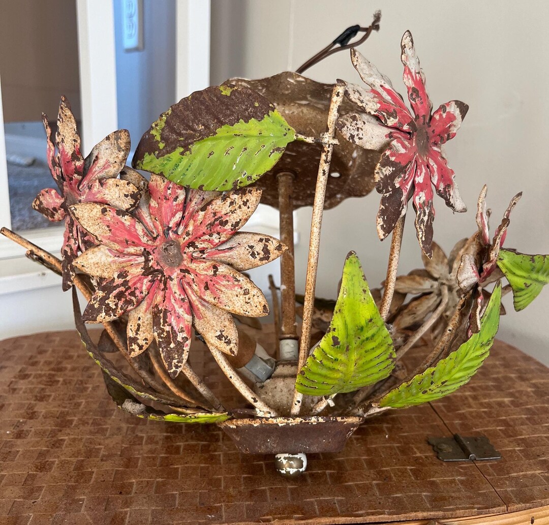 Vintage Tole Chandelier Shabby Chic Light Fixture Chippy Rusty Flowers ...
