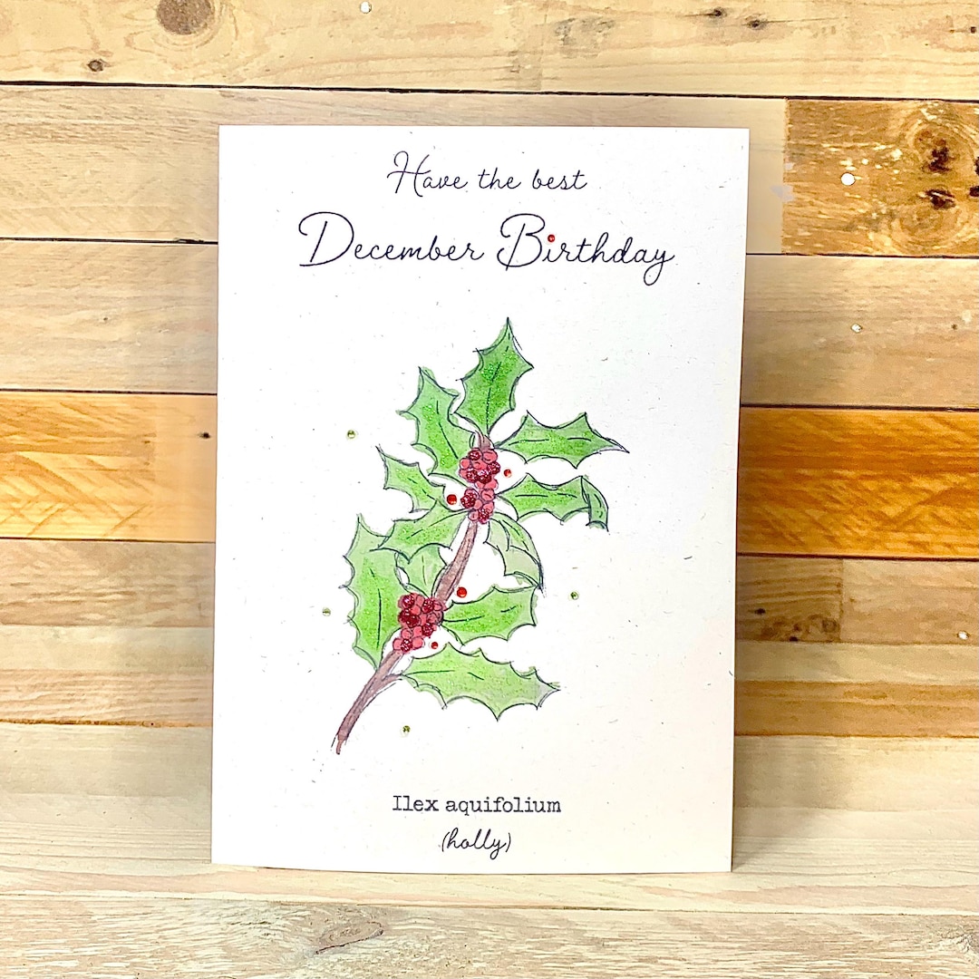 December Birthday Card Birth Flower, Birthday Card Holly, Capricorn Birthday, Personalised ...