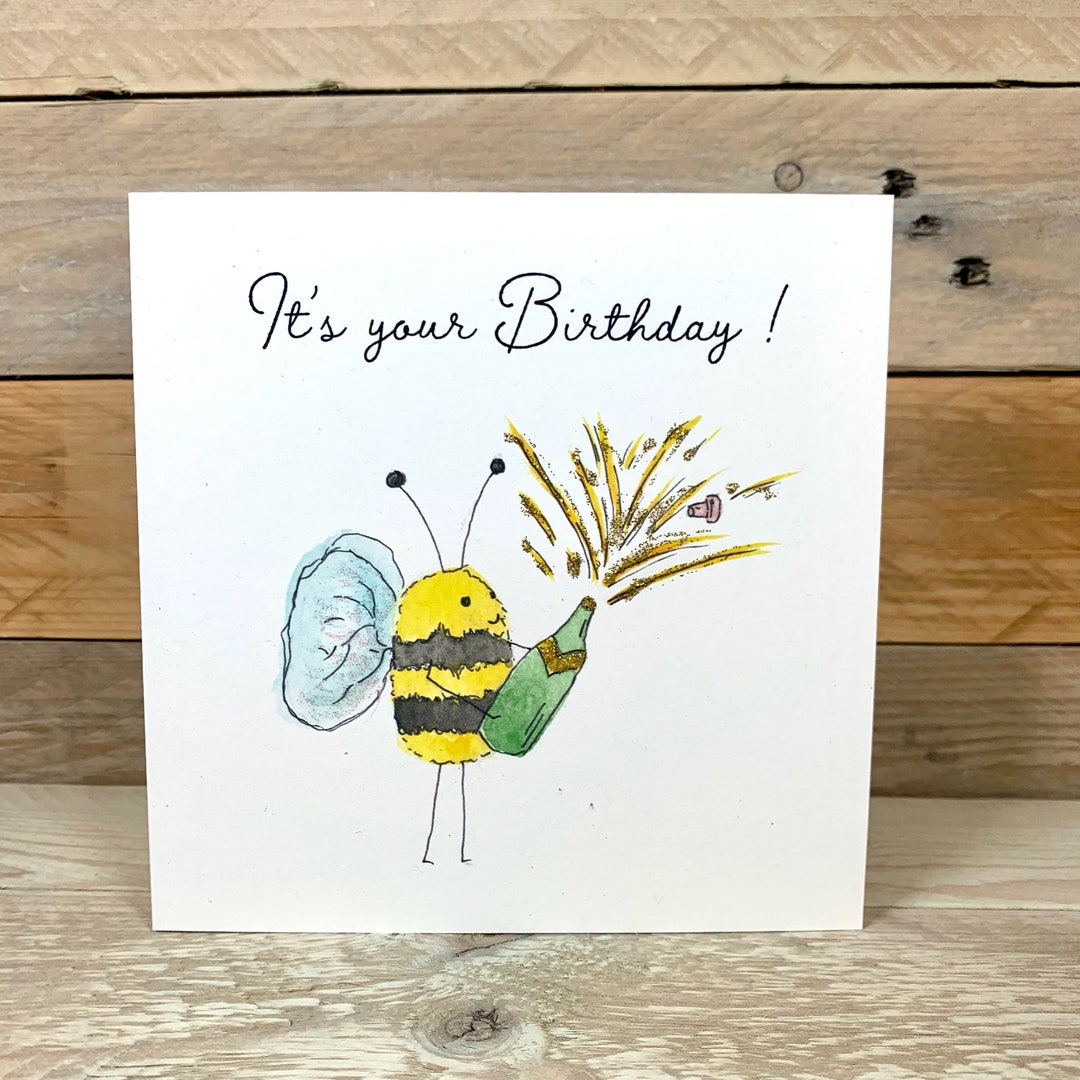 Buzzy Fizzy Pop Birthday Card Cute Birthday Card Bee Cards Champagne ...