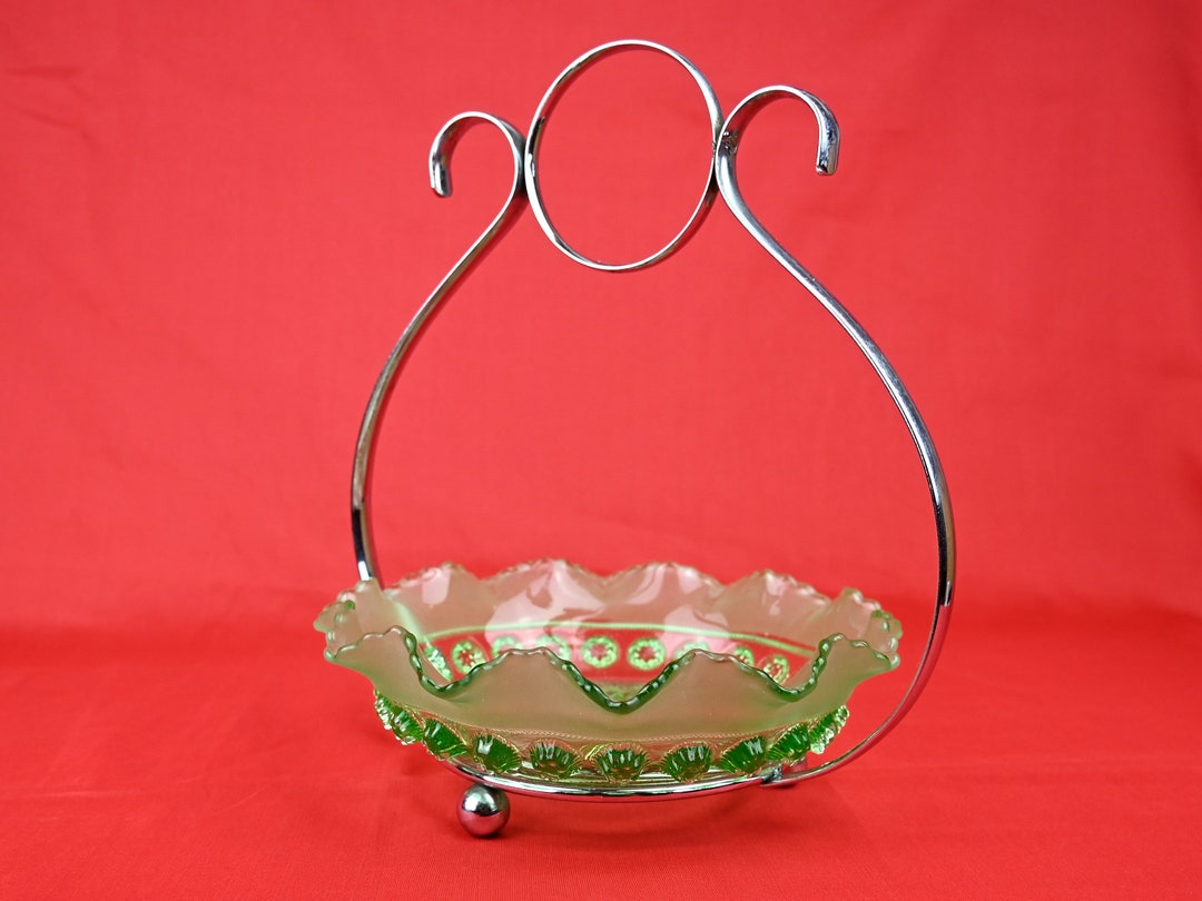 Vintage Green Glass Candy Dish With Chrome Cradle - Etsy