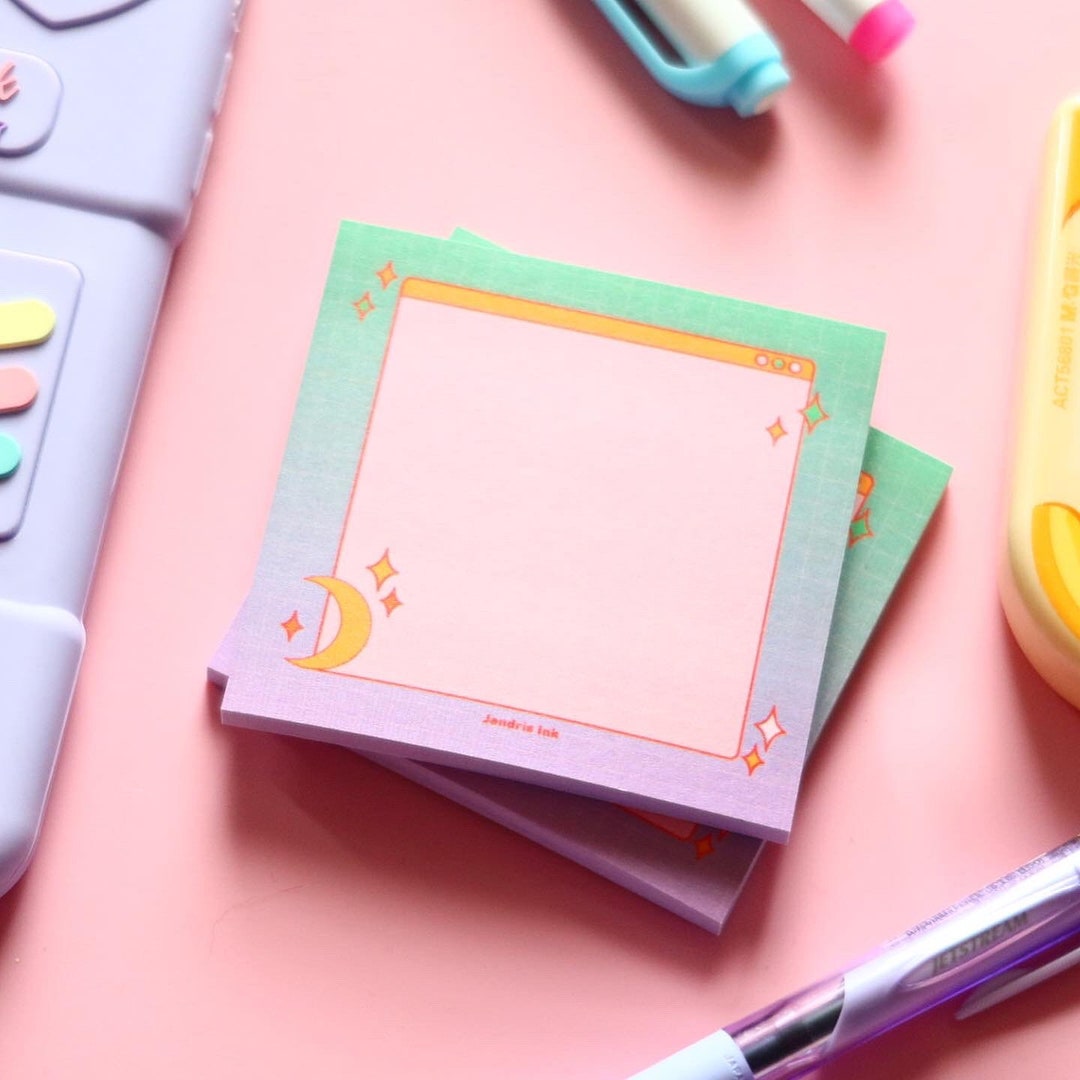 Moon and Stars Sticky Note Pad 3" // Yellow and Pink Pastel Retro ...