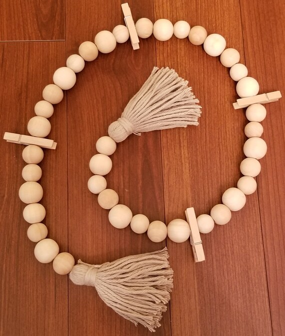 Natural Wood Bead Garland with Clips | Etsy