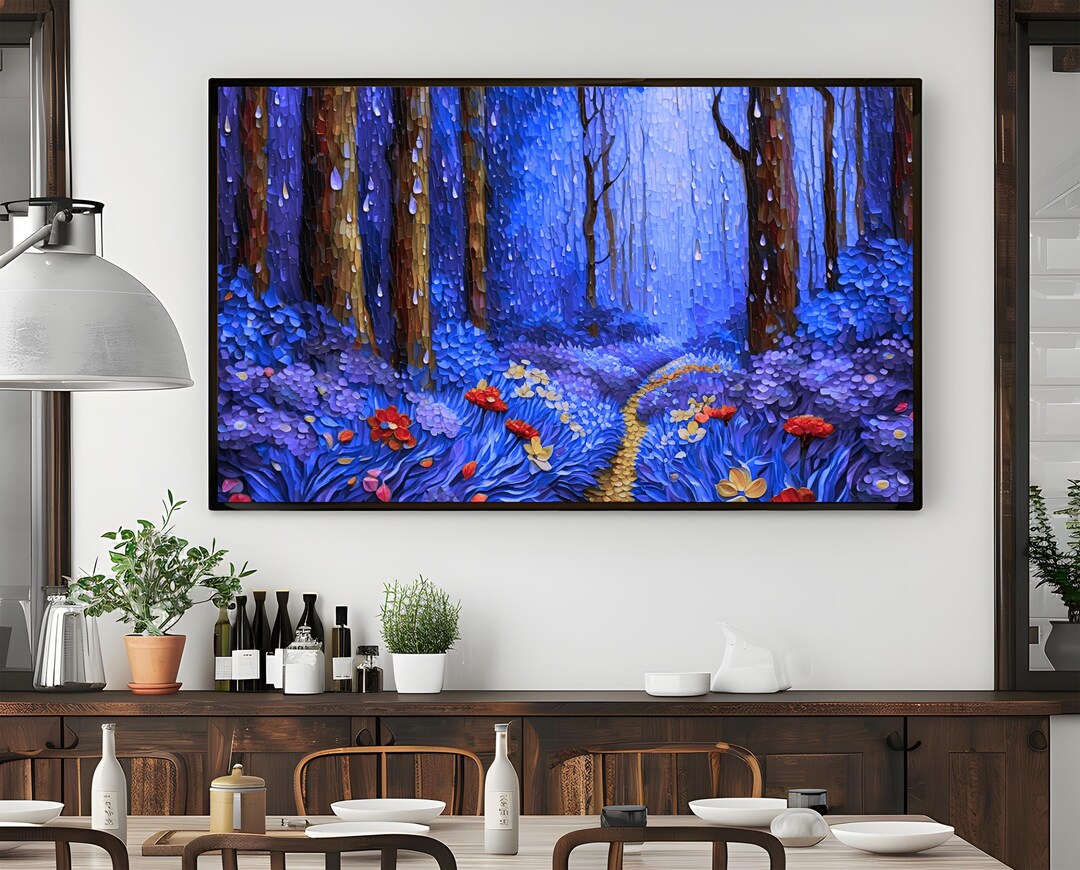 Enchanted Forest Path Wall Art | Nature Painting | Blue and Purple Woodland | Large Landscape ...