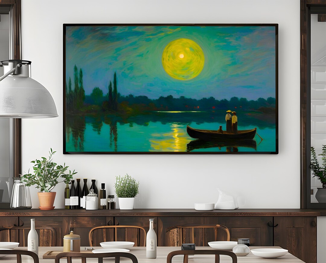 Yellow Moon Over Lake | Tranquil Moonlight Wall Art | Panoramic ...