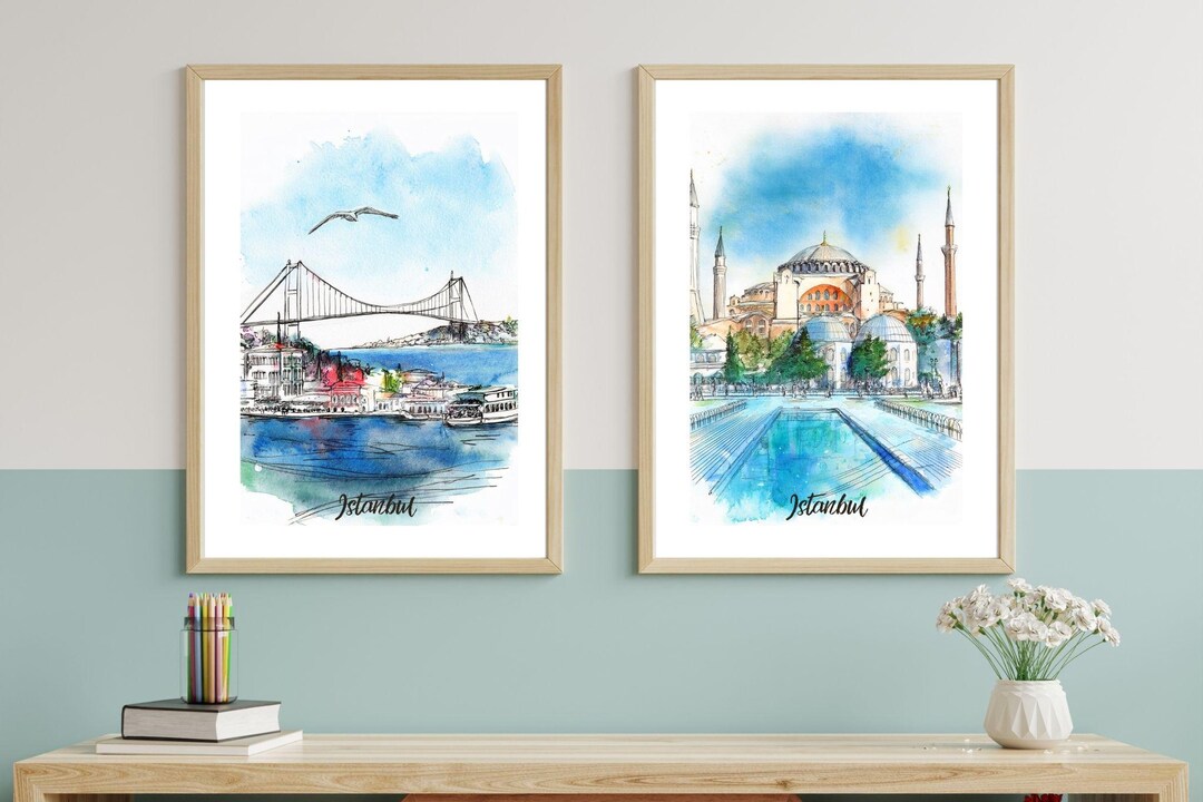 Istanbul Watercolor Art Set | 2-piece Cityscape and Landmark Prints ...