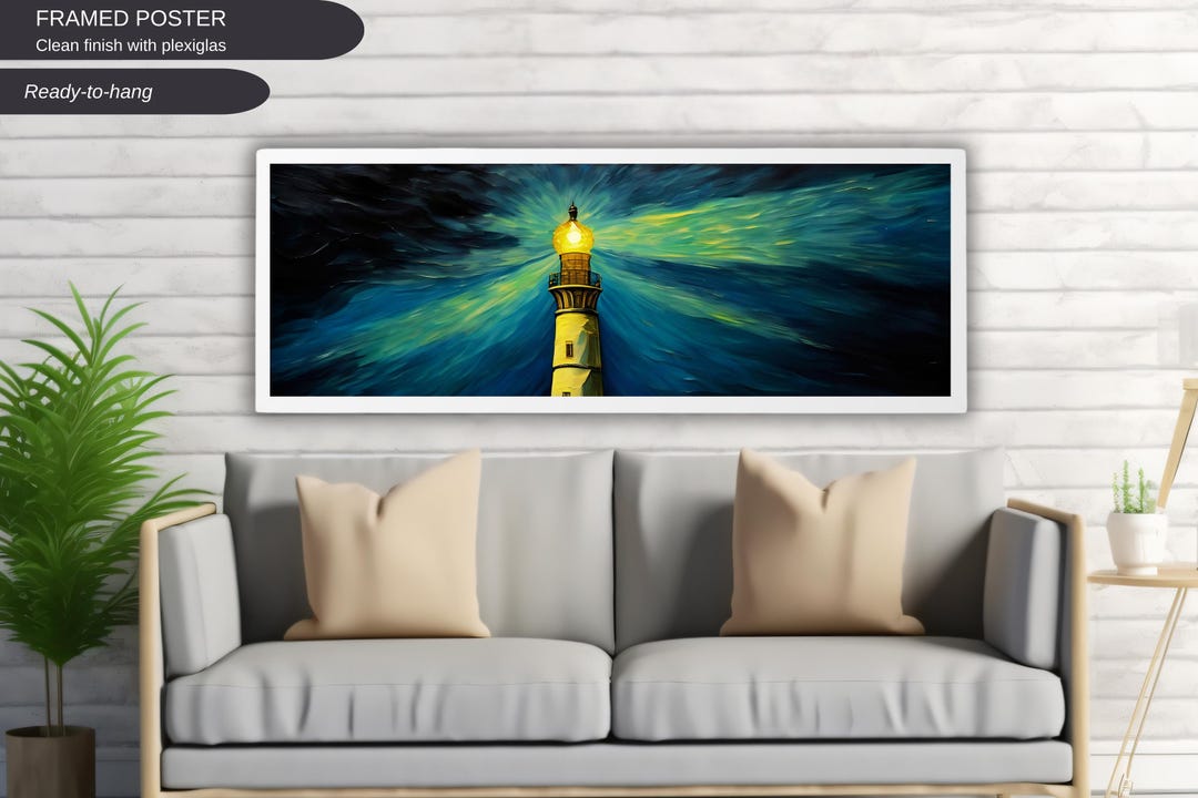 Large Abstract Lighthouse Painting, Panoramic Coastal Painting, Night ...