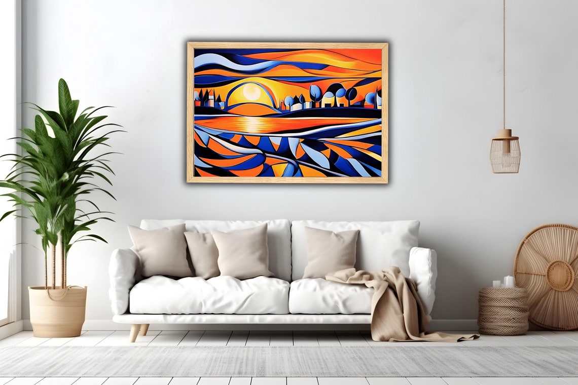 Abstract Sunset Landscape Art Vibrant Geometric Canvas Modern Colorful ...