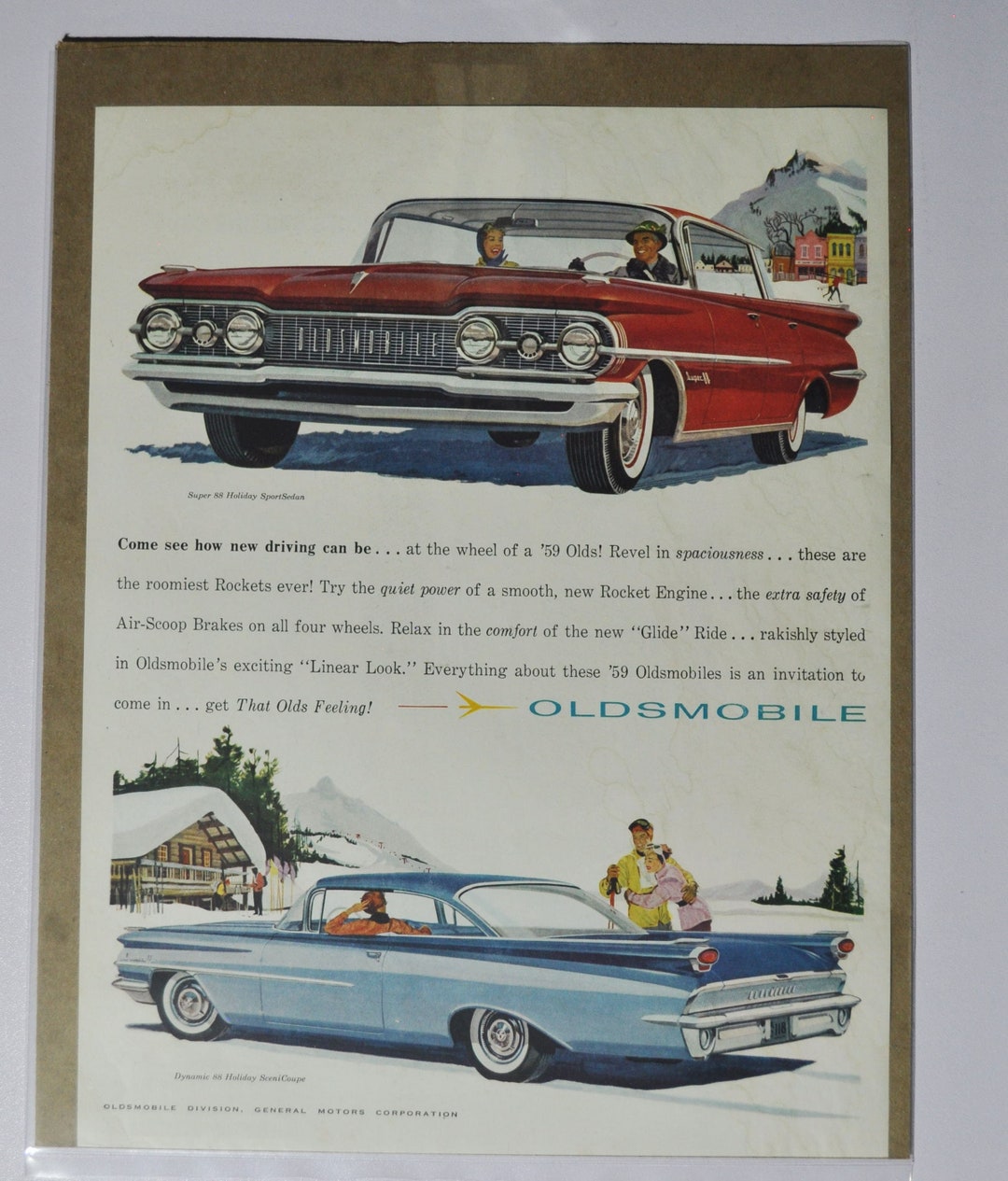 Large Car Ad 1959 Oldsmobile Super 88 Holiday Sport Sedan & Dynamic 88 ...